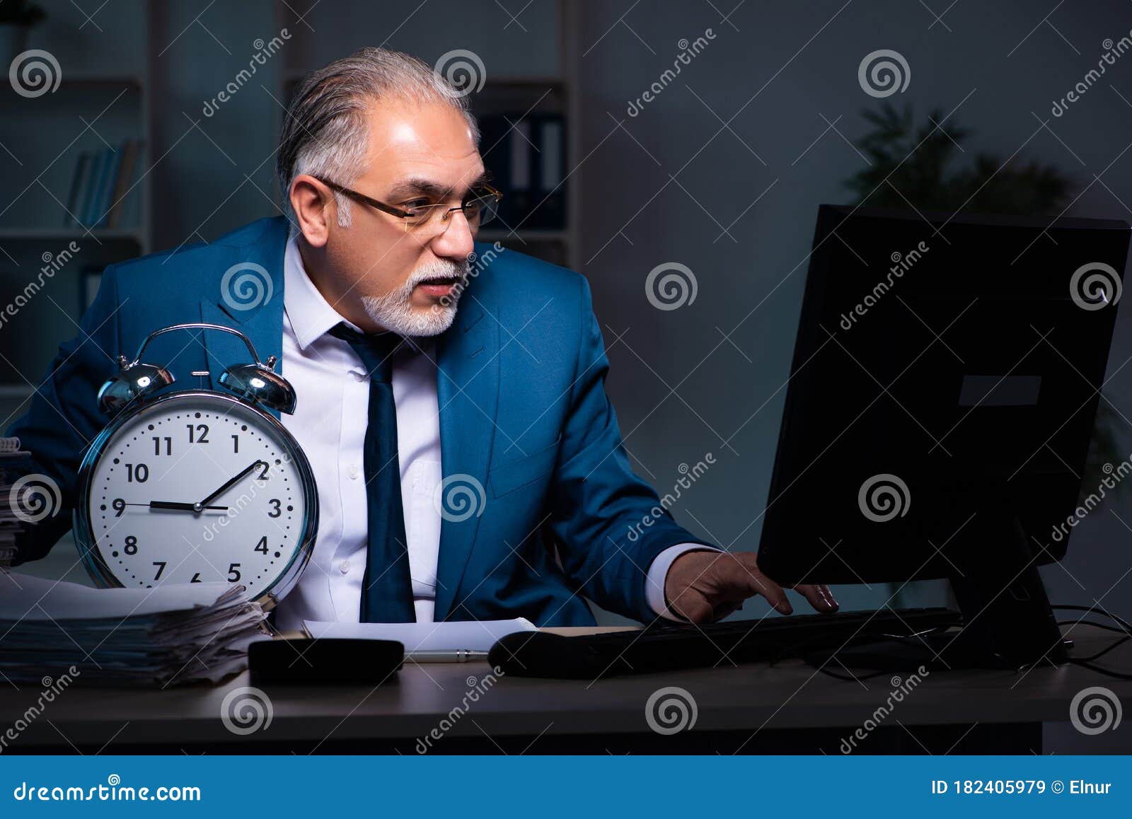 Old Male Employee Working Late in the Office Stock Image - Image of ...