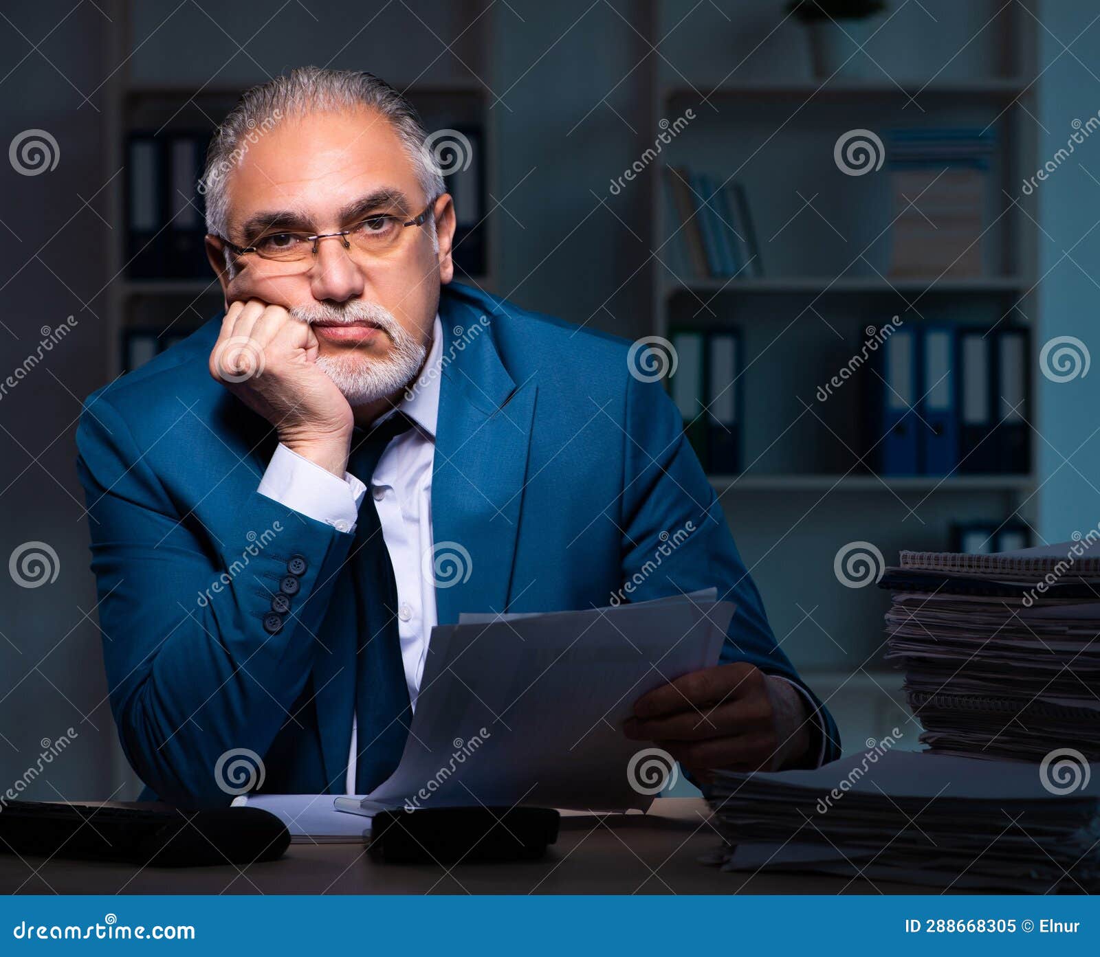 Old Male Employee Working Late in the Office Stock Image - Image of ...