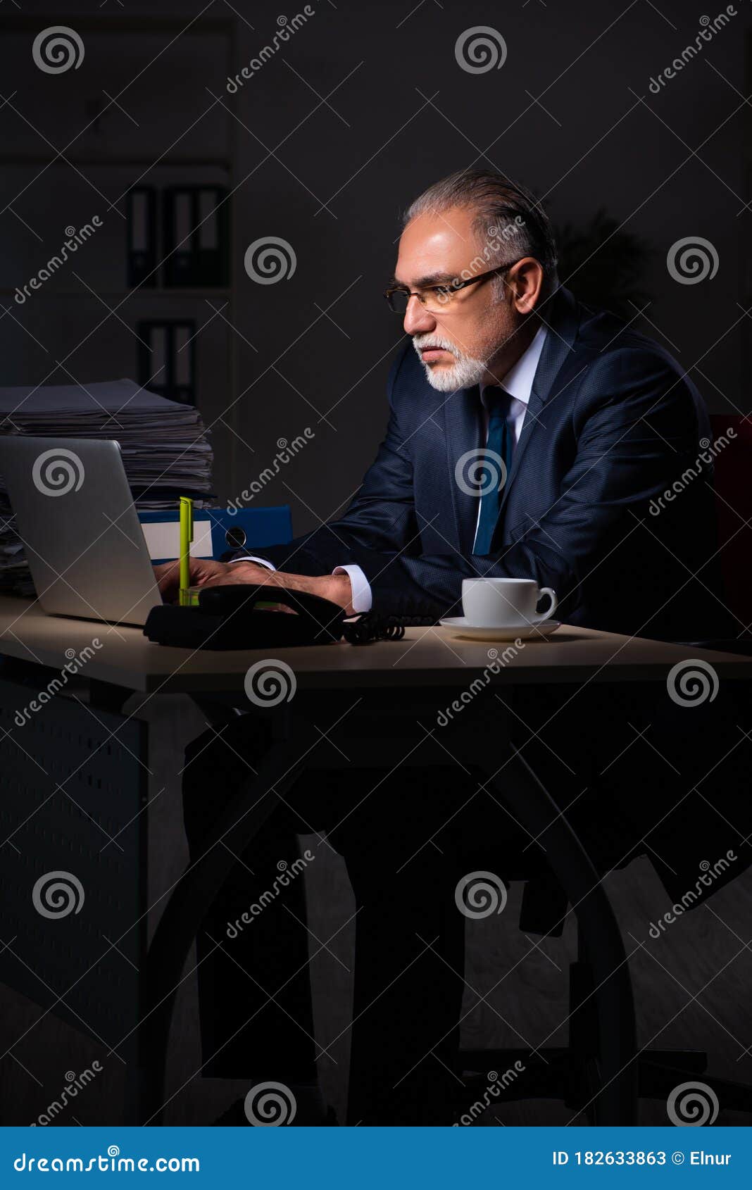 Old Male Employee Working Late at Workplace Stock Image - Image of ...