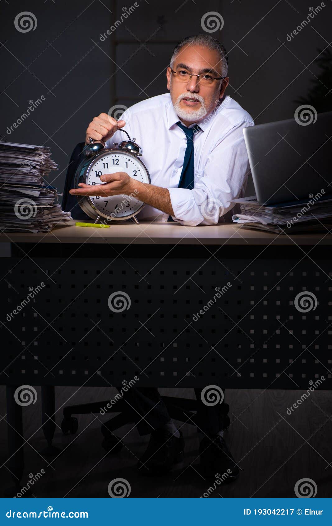 Old Male Employee Working Late at Workplace Stock Image - Image of ...