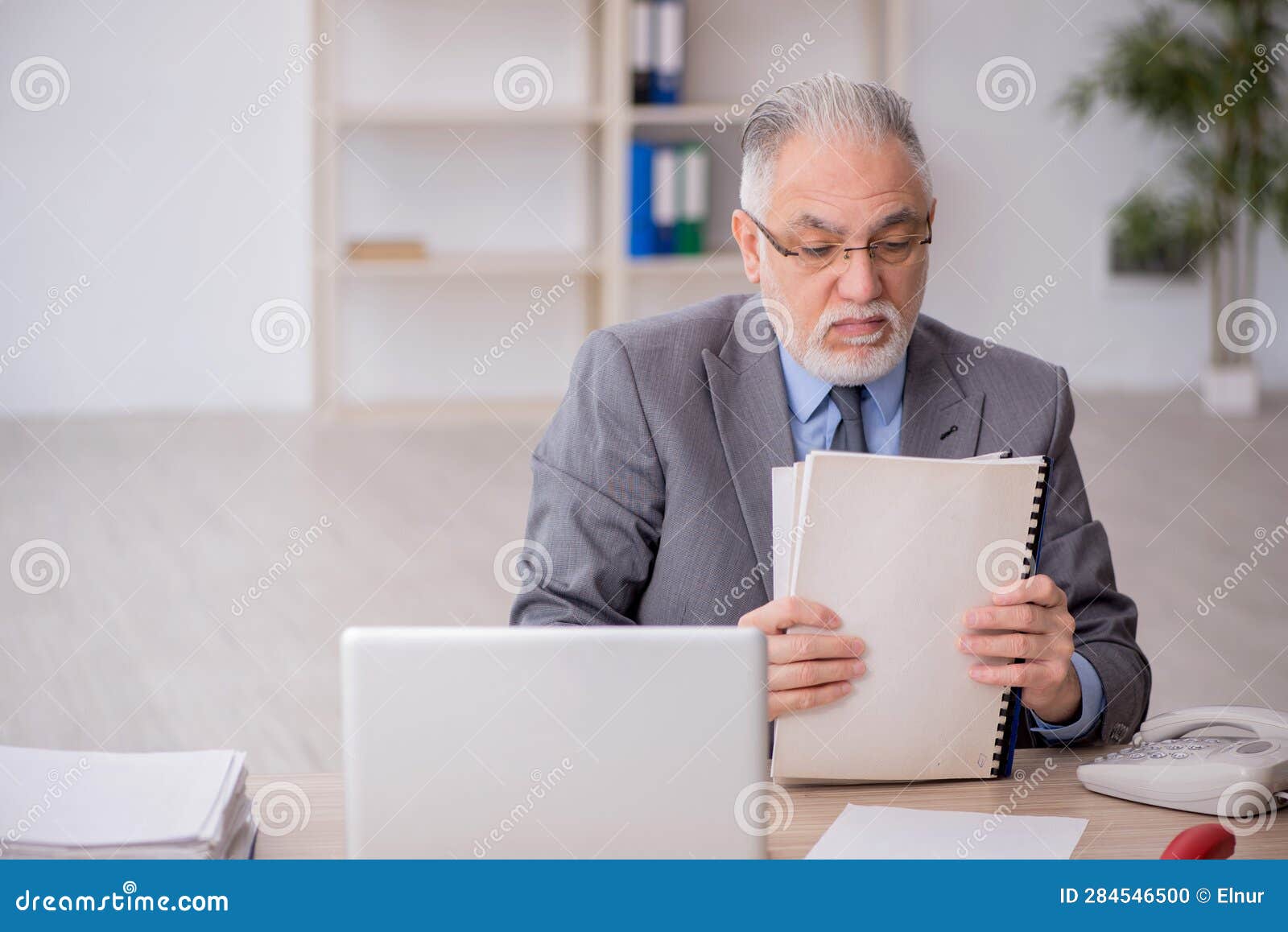 Old Male Employee Working in the Office Stock Photo - Image of pile ...