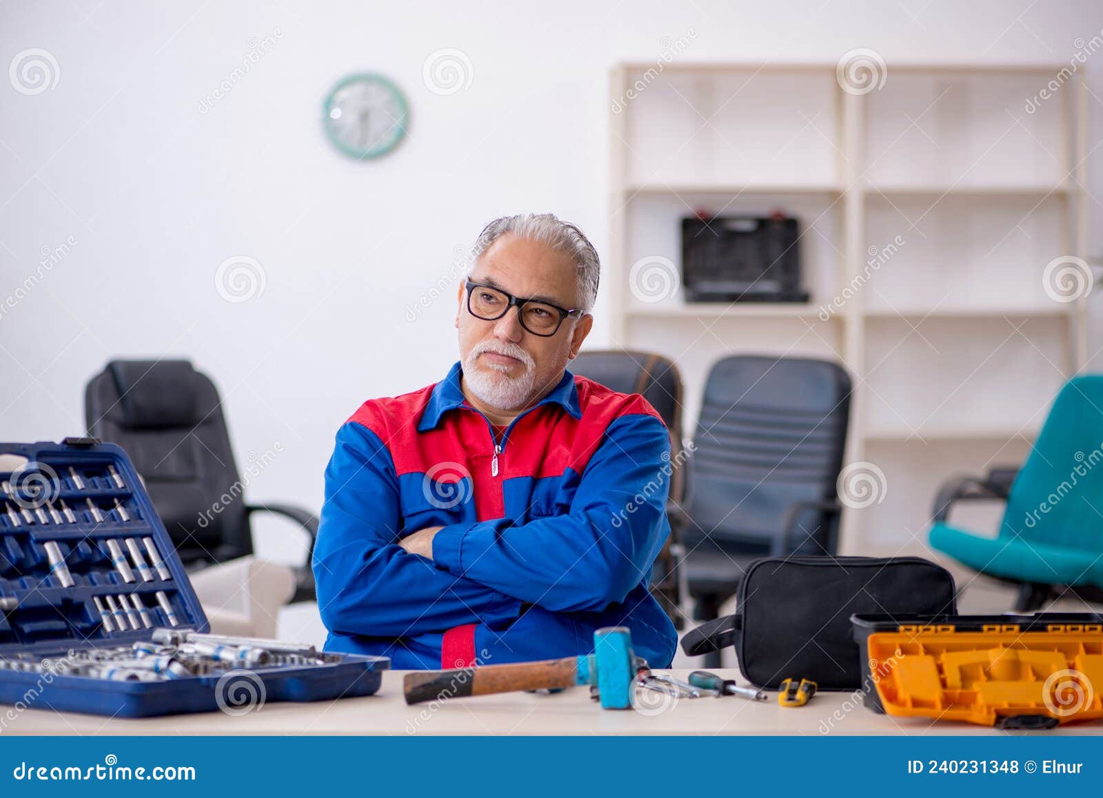 Old Male Repairman Working at Workshop Stock Photo - Image of ...