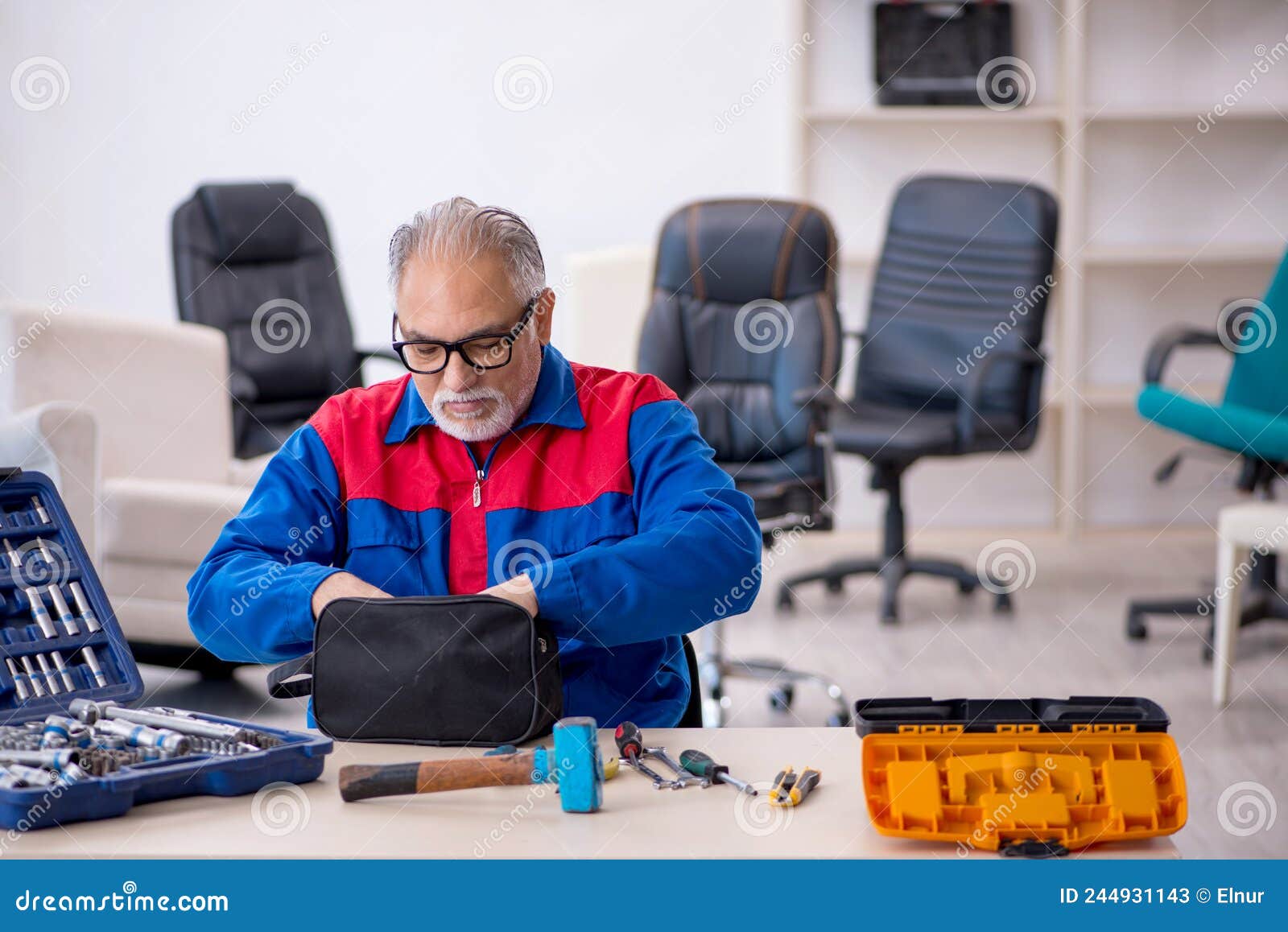 Old Male Repairman Working at Workshop Stock Image - Image of interior ...