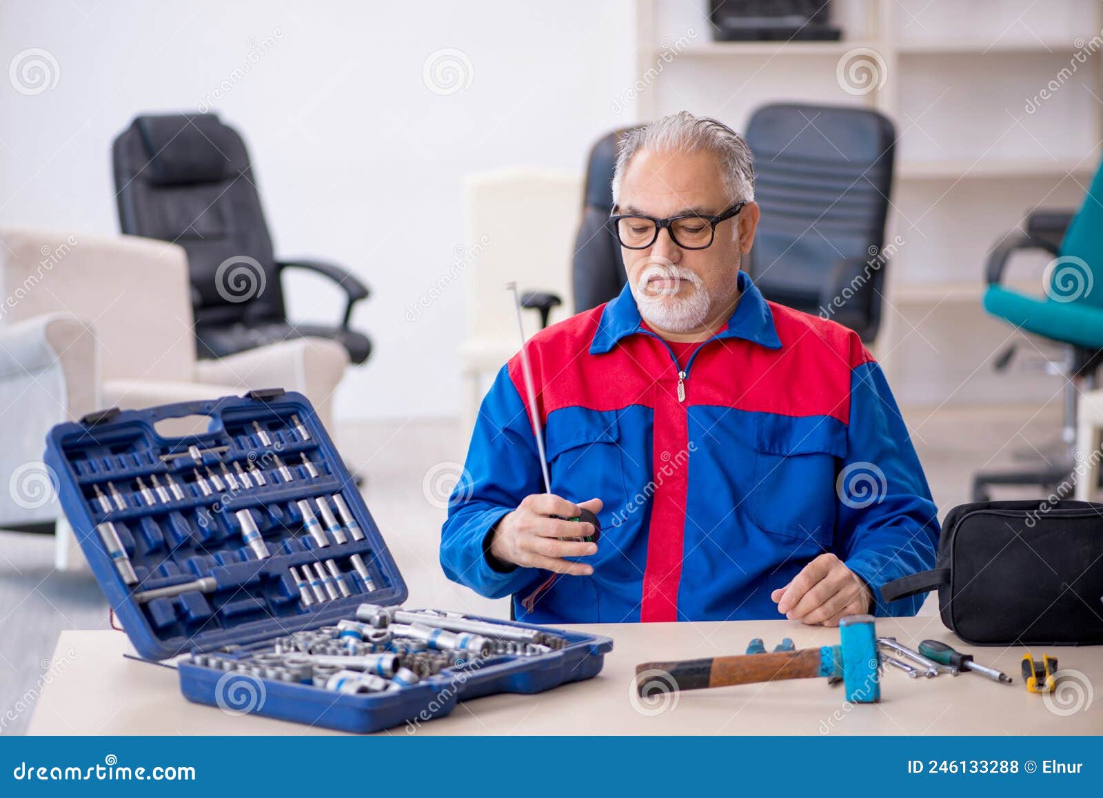Old Male Repairman Working at Workshop Stock Photo - Image of ...