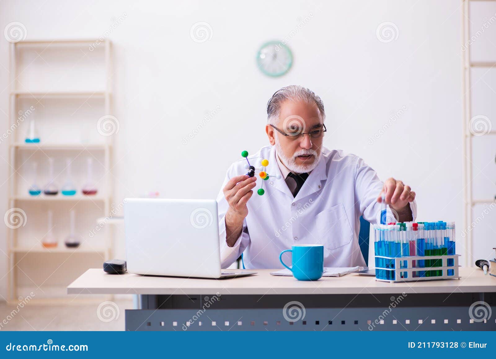 Old Male Scientist Studying Molecular Model Stock Photo - Image of ...