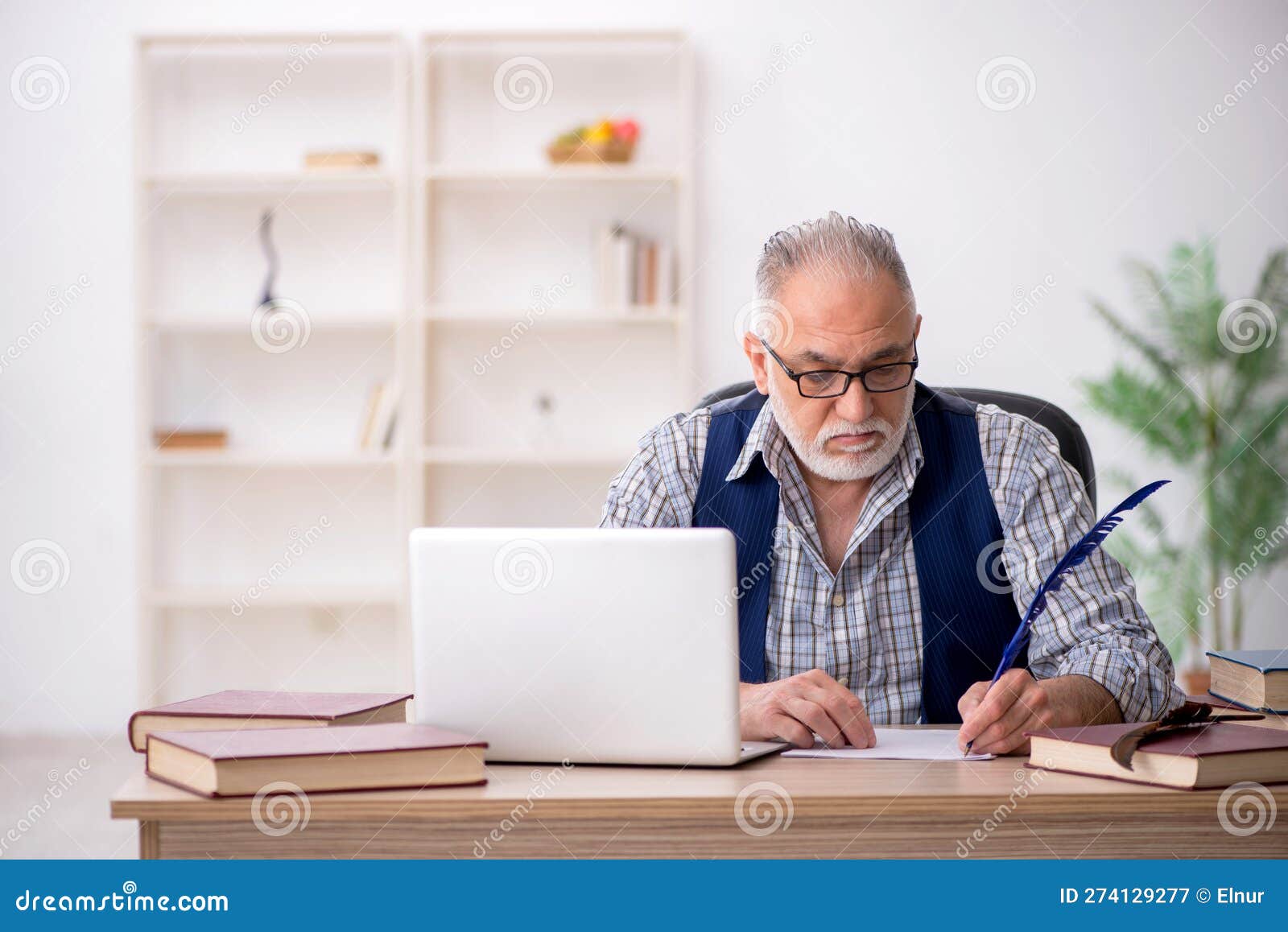 Old Male Writer Sitting at Workplace Stock Image - Image of computer ...