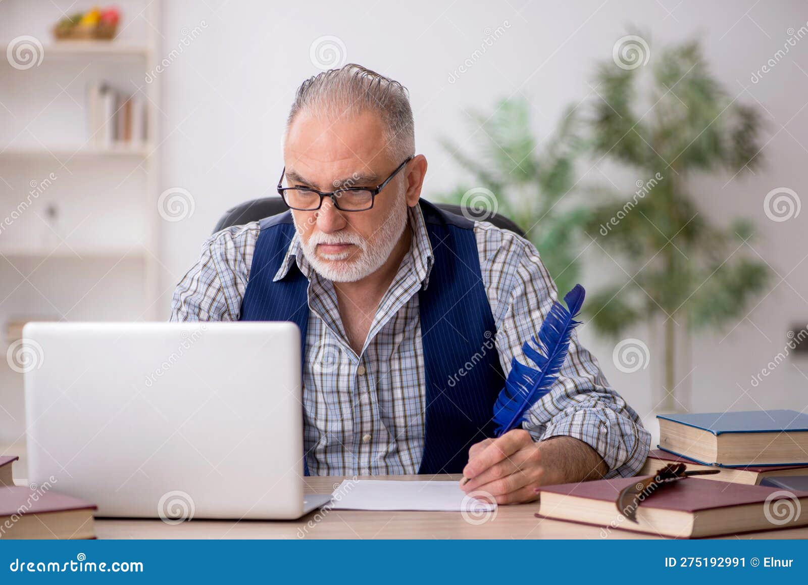 Old Male Writer Sitting at Workplace Stock Image - Image of pile, poet ...