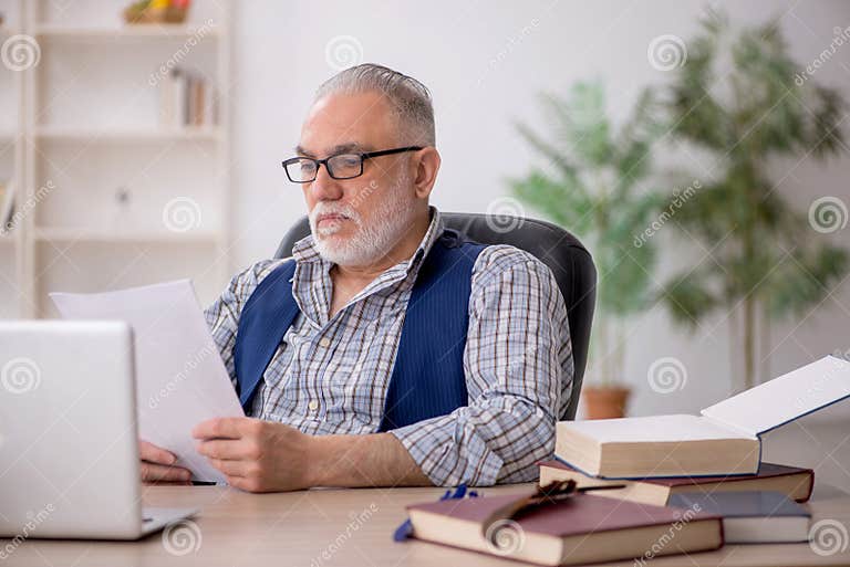 Old Male Writer Sitting at Workplace Stock Photo - Image of script ...