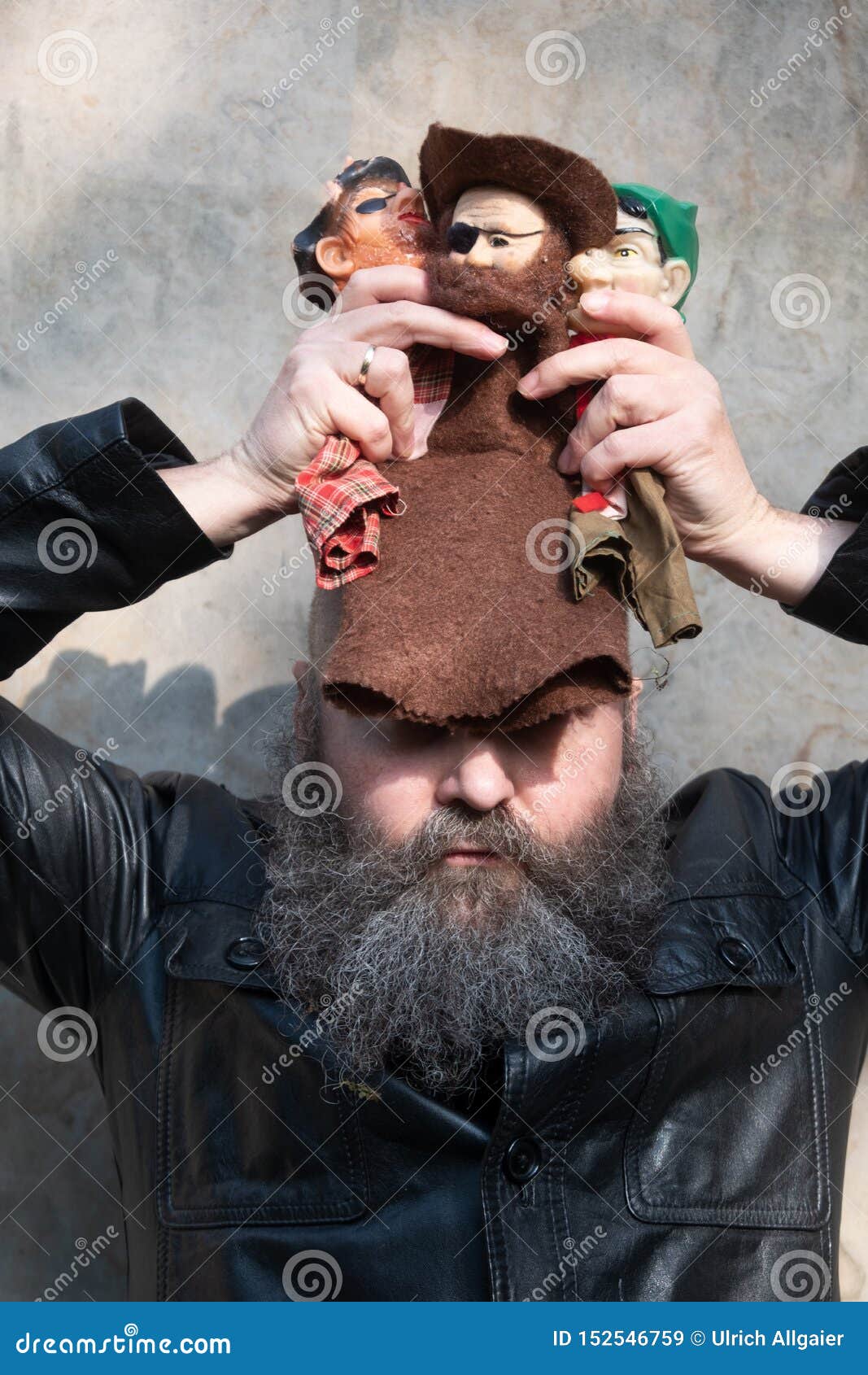 Old Man, Artist with Beard Has a Hand Puppet on His Head Stock Image ...