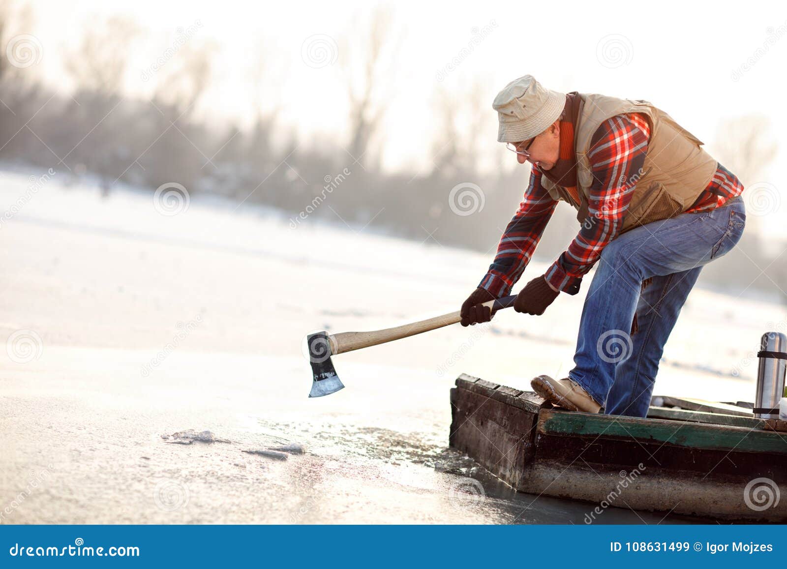 Old man in boat with ax stock image. Image of lake, fishing - 108631499