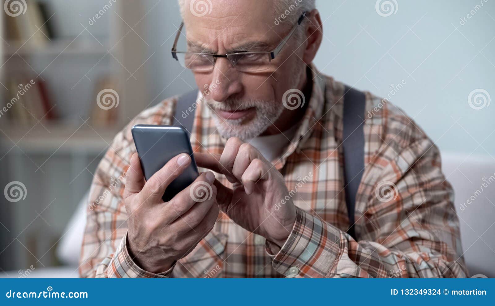 Old Man Cautiously Using Smartphone, Learning Apps and New Technologies ...