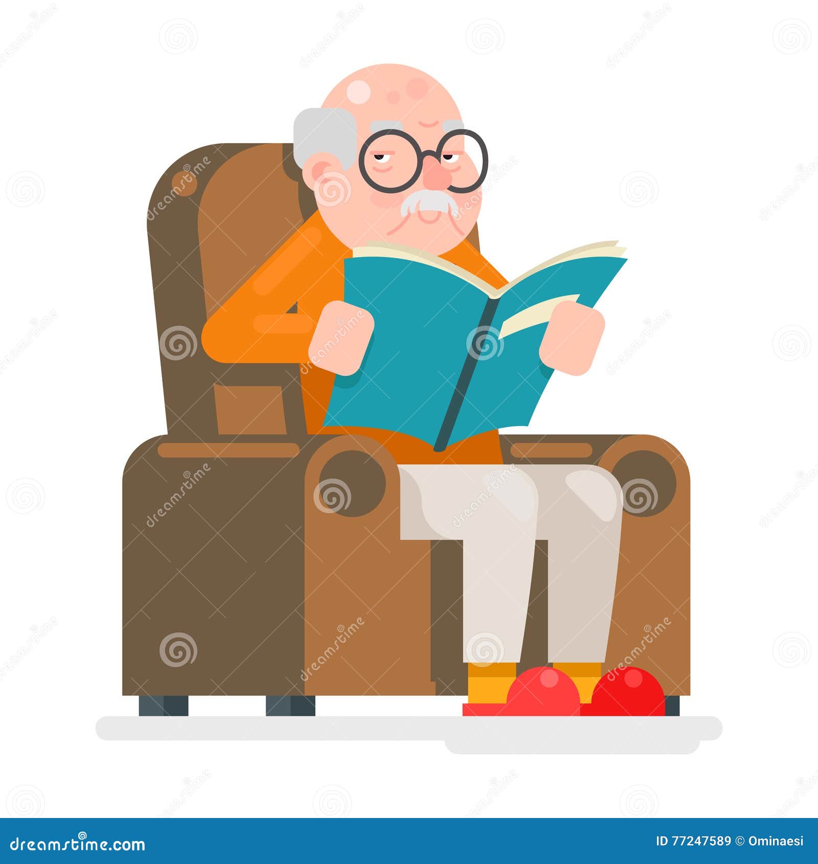 Old Man Characters Read Book Sit Chair Adult Icon Flat Design Vector