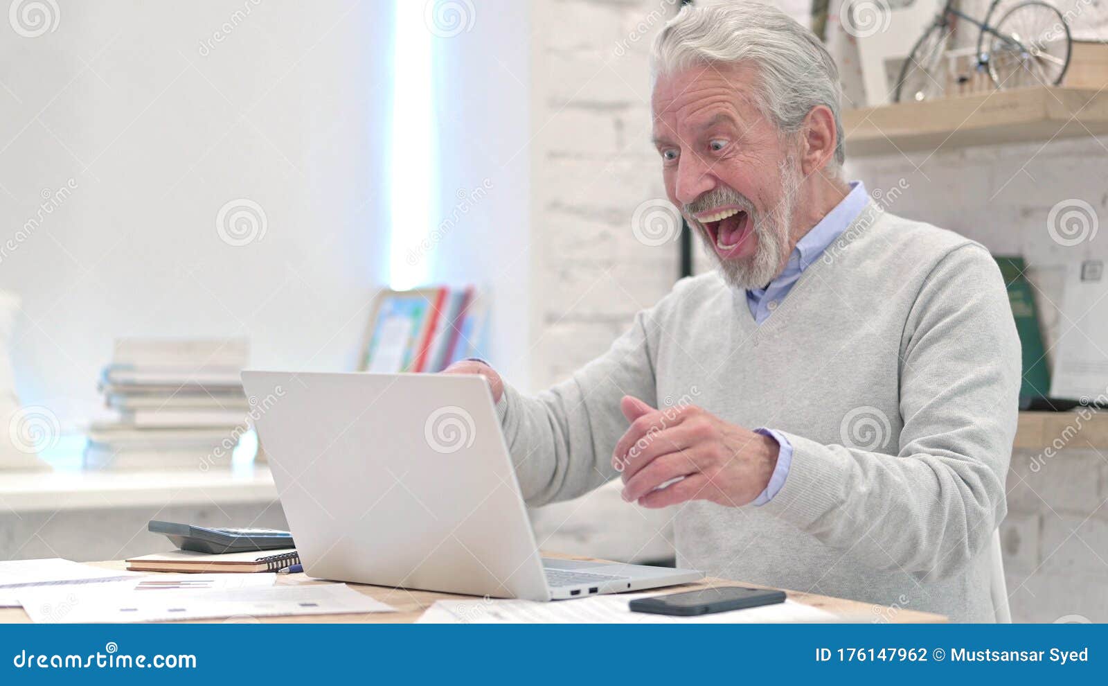 Senior Old Man Cheering Success at Work Stock Photo - Image of cheering ...