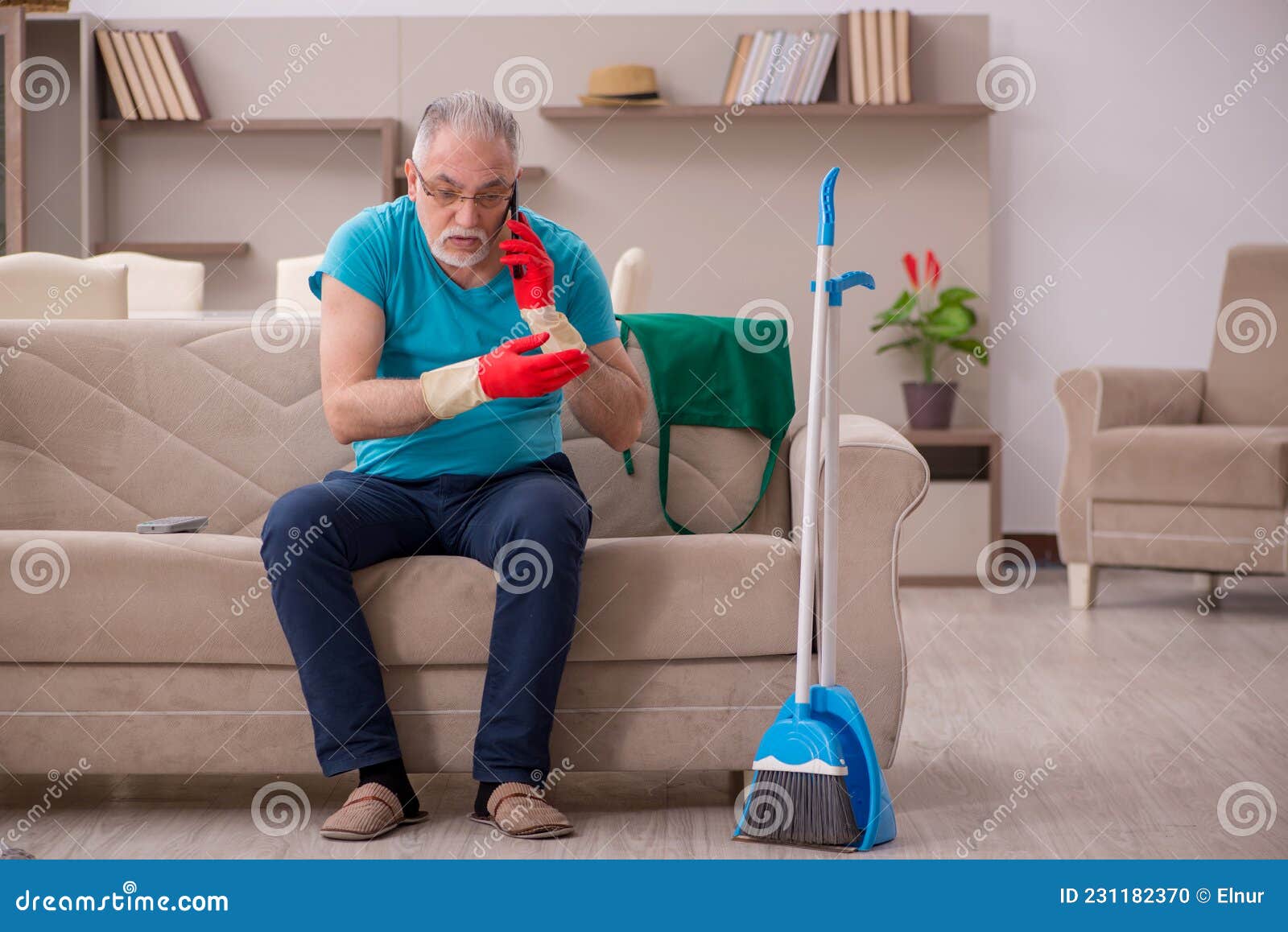 Old man cleaning the house stock photo. Image of household - 231182370