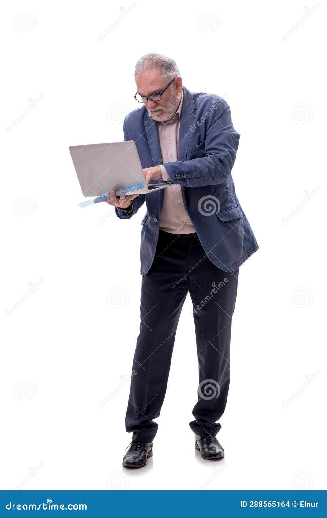 Old Businessman with Computer Isolated on White Stock Photo - Image of ...