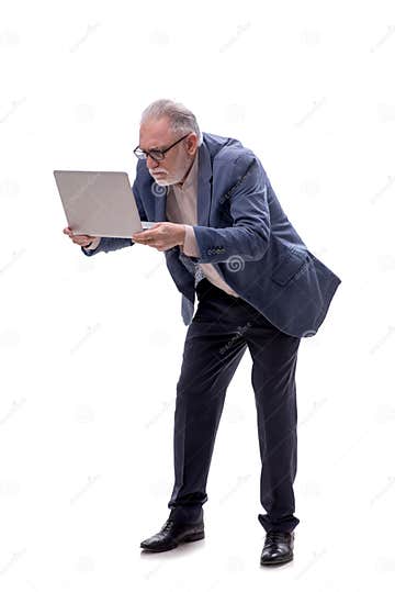 Old Businessman with Computer Isolated on White Stock Photo - Image of ...