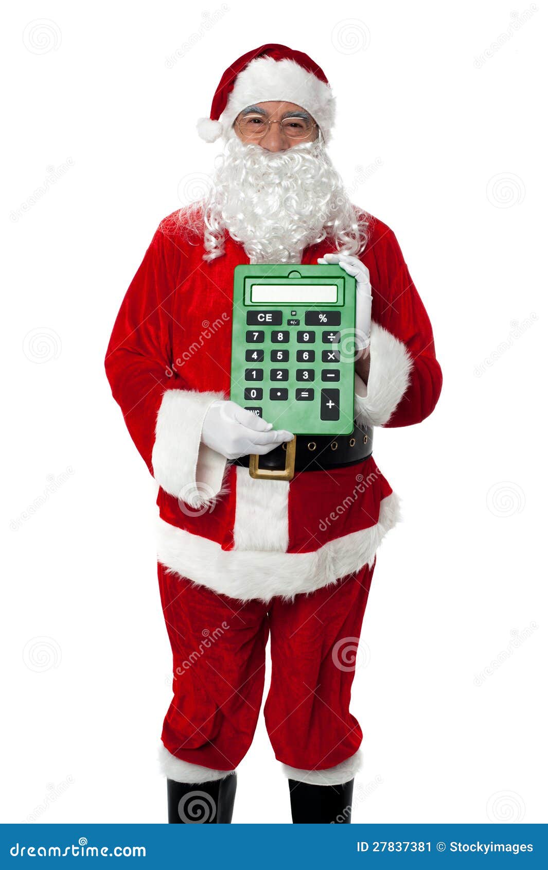 Old Man Dressed As Santa Showing a Calculator Stock Image - Image of ...