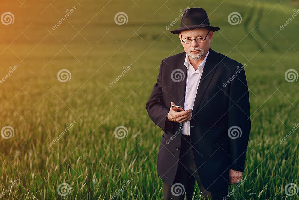 Old man in field stock image. Image of loneliness, meadow - 90417969