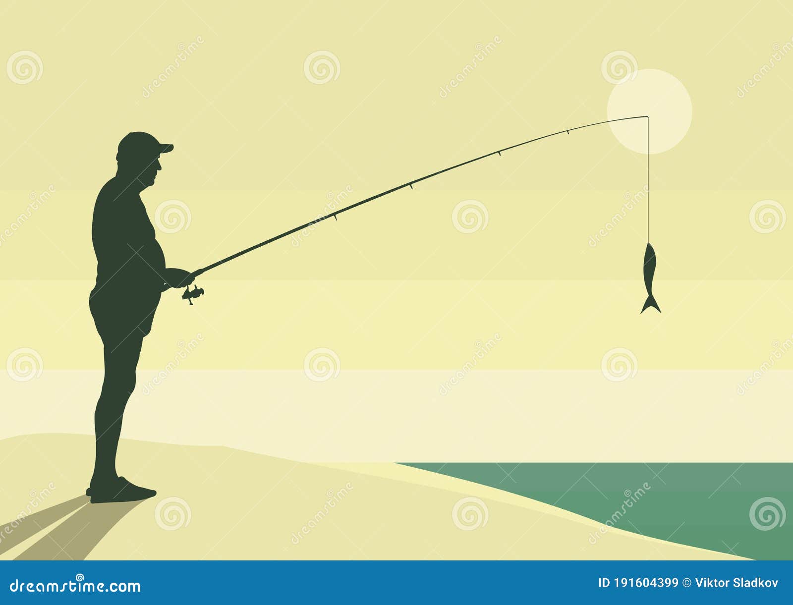 Old man fishing at the sea stock vector. Illustration of angler - 191604399