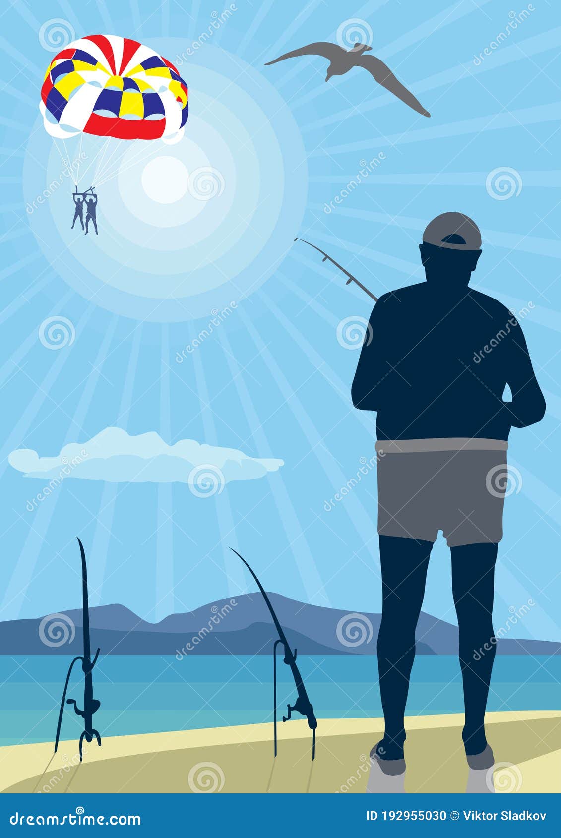 Old man fishing at the sea stock vector. Illustration of sport - 192955030