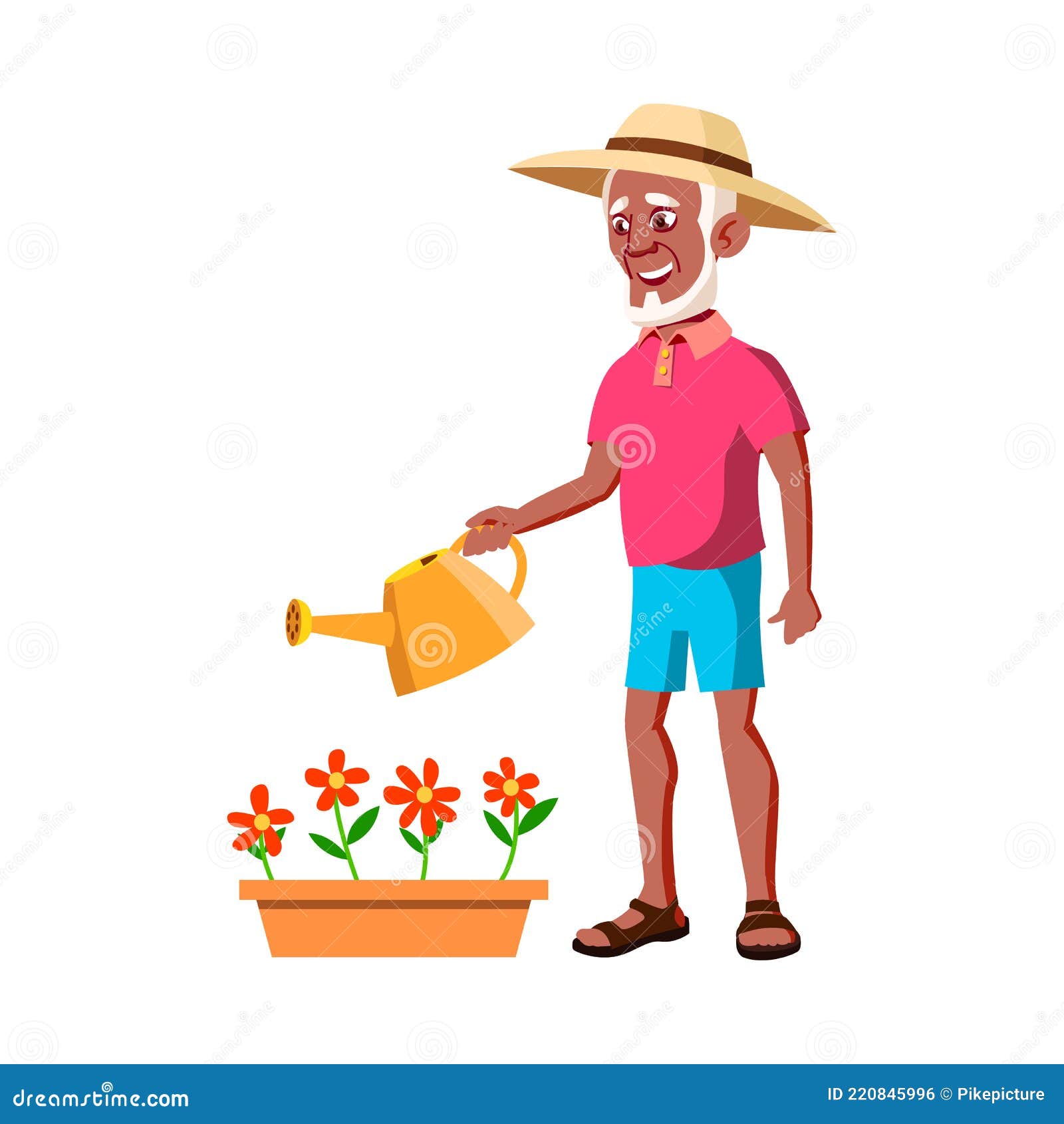 Old Man Gardener Watering Flowers In Garden Cartoon Vector Stock