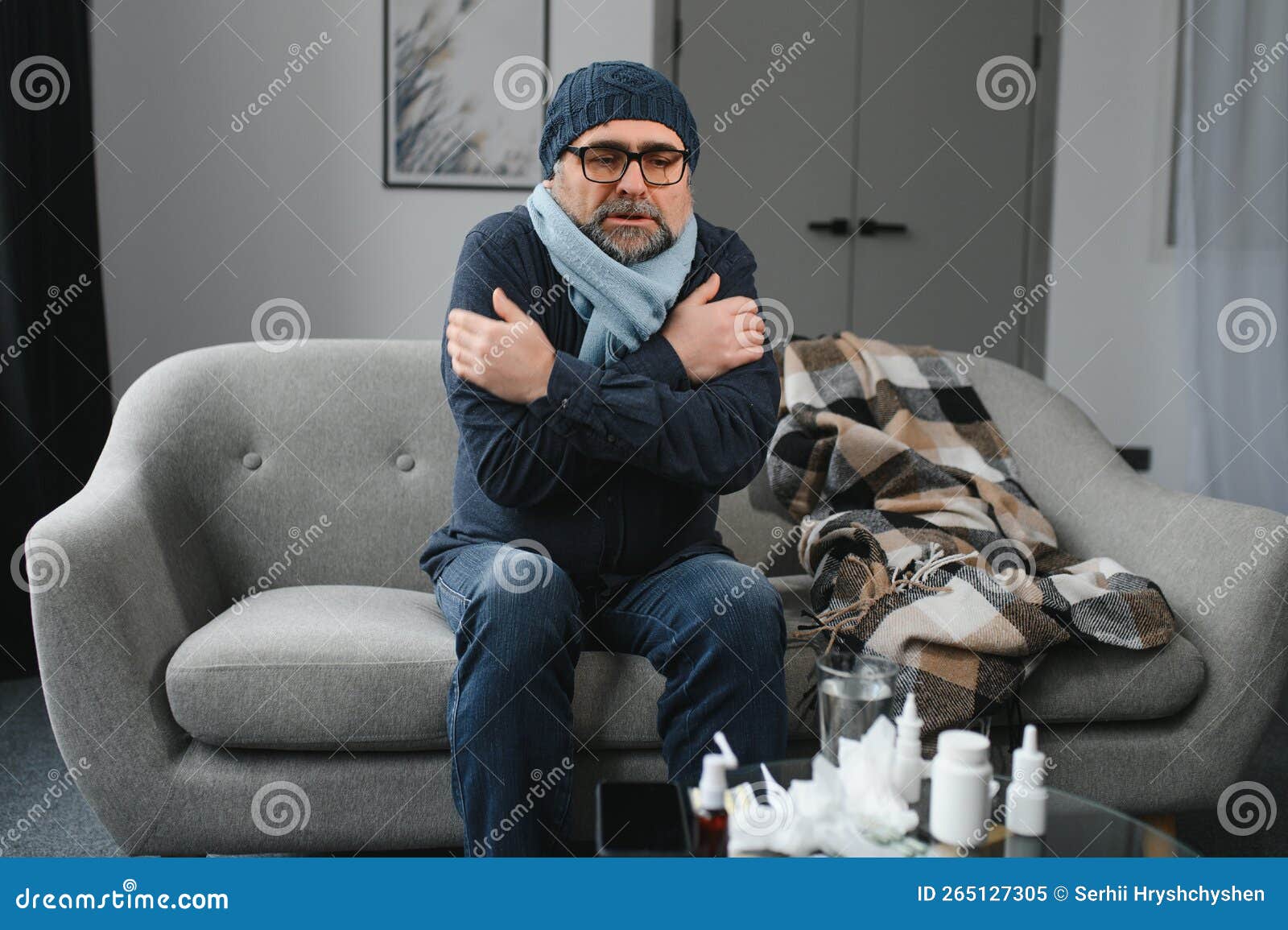 Old Man Get a Cold and Sneeze with Tissue Paper at Home Stock Image ...