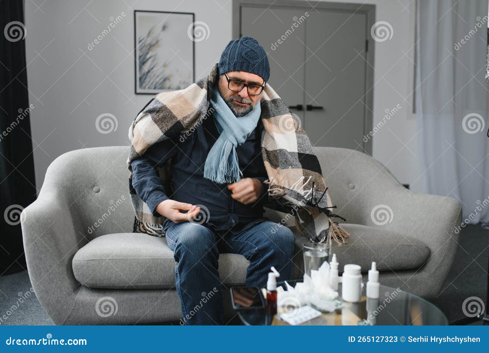 Old Man Get a Cold and Sneeze with Tissue Paper at Home Stock Image ...