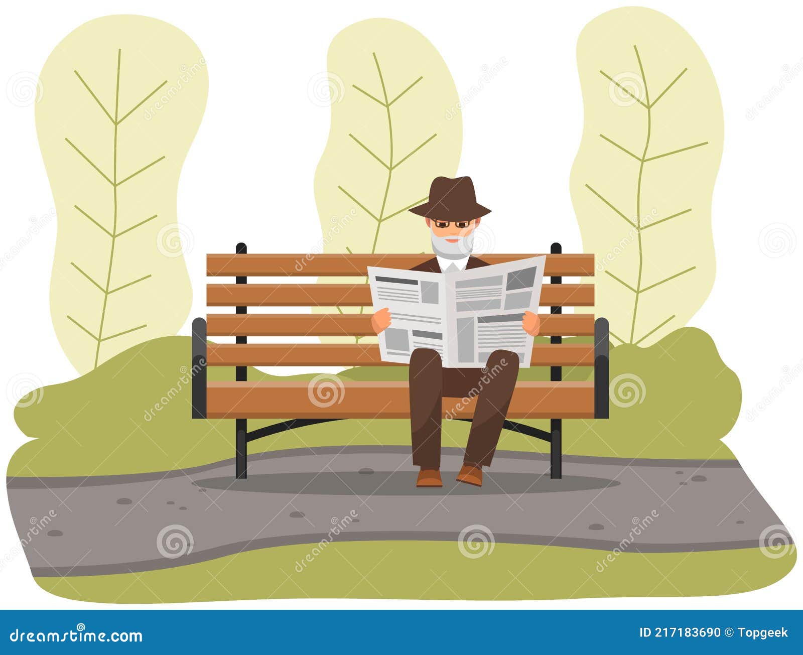 Old Man With Glasses Sitting And Reading Newspaper On Bench In Park