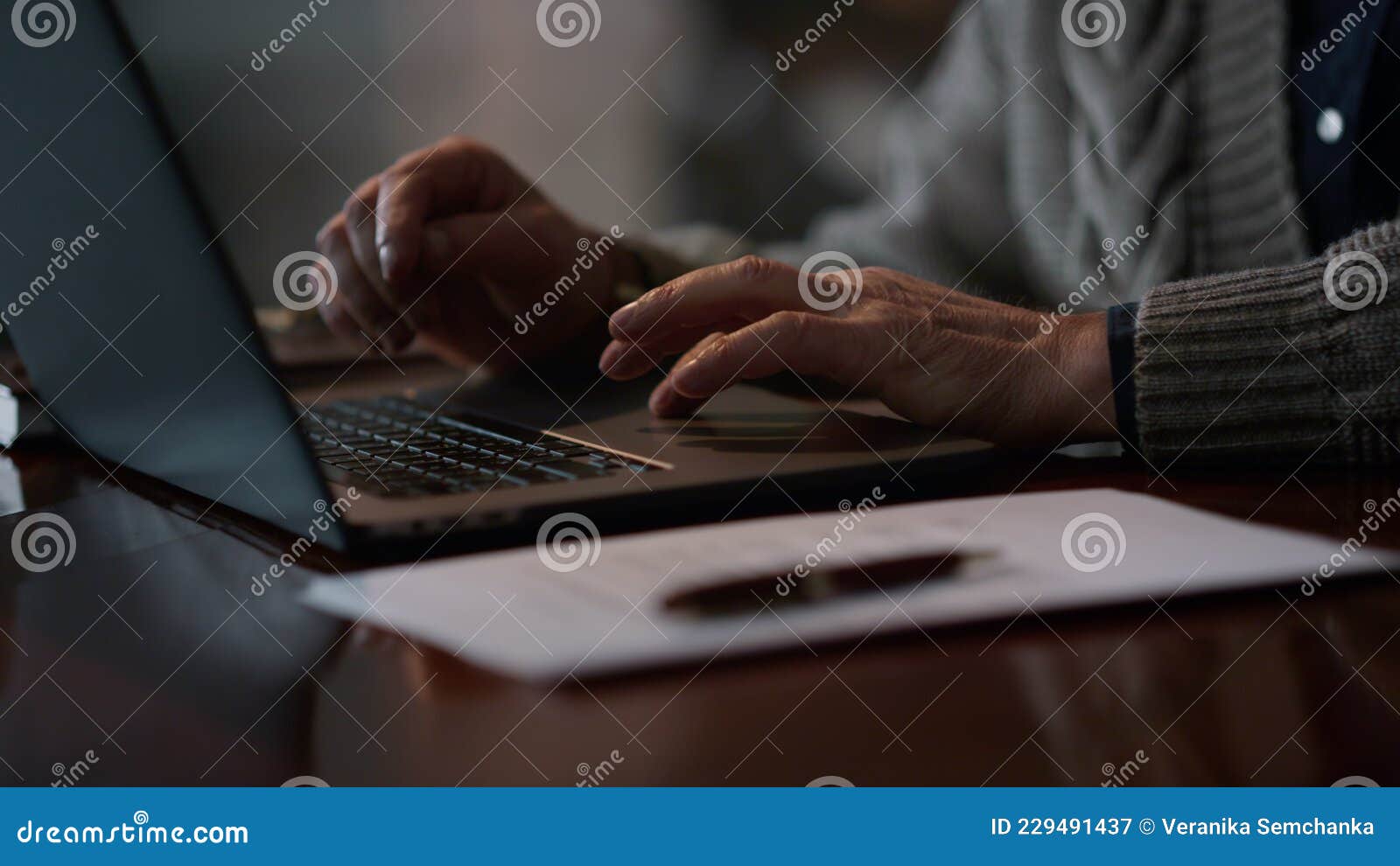 Old Man Hands Touching Touchpad Laptop at Home. Unknown Gentleman Using ...