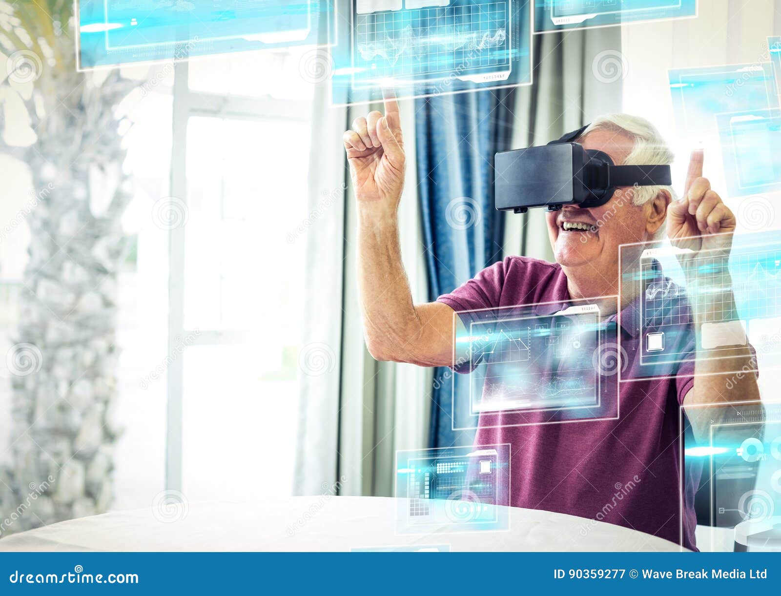 Old Man Happy Wearing VR Virtual Reality Headset with Interface Stock ...