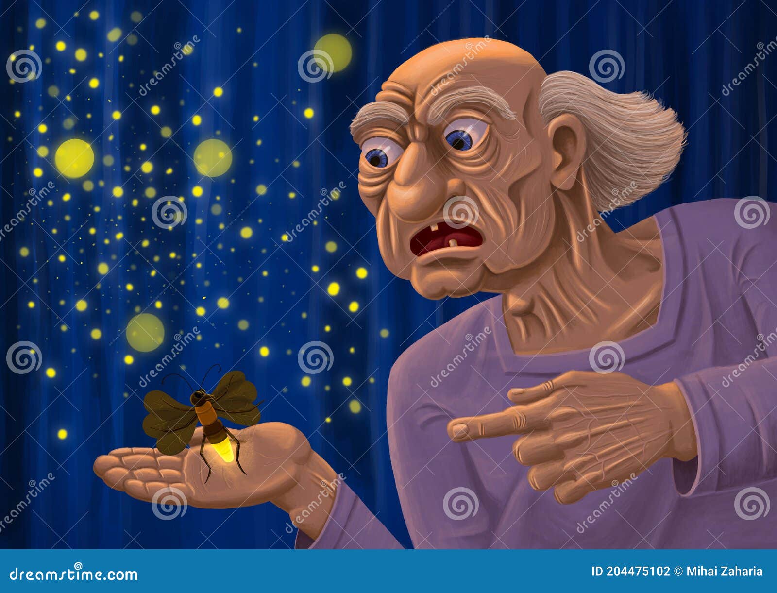 Old Man Holding a Firefly, Digital Painting Stock Illustration ...