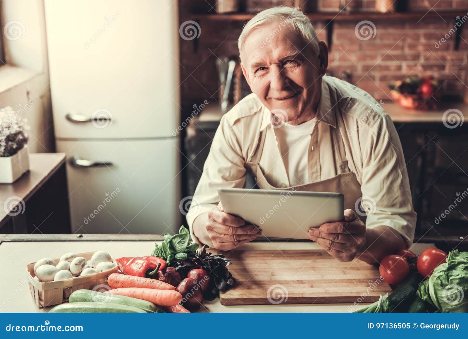 Old man in kitchen stock image. Image of green, male - 97136505