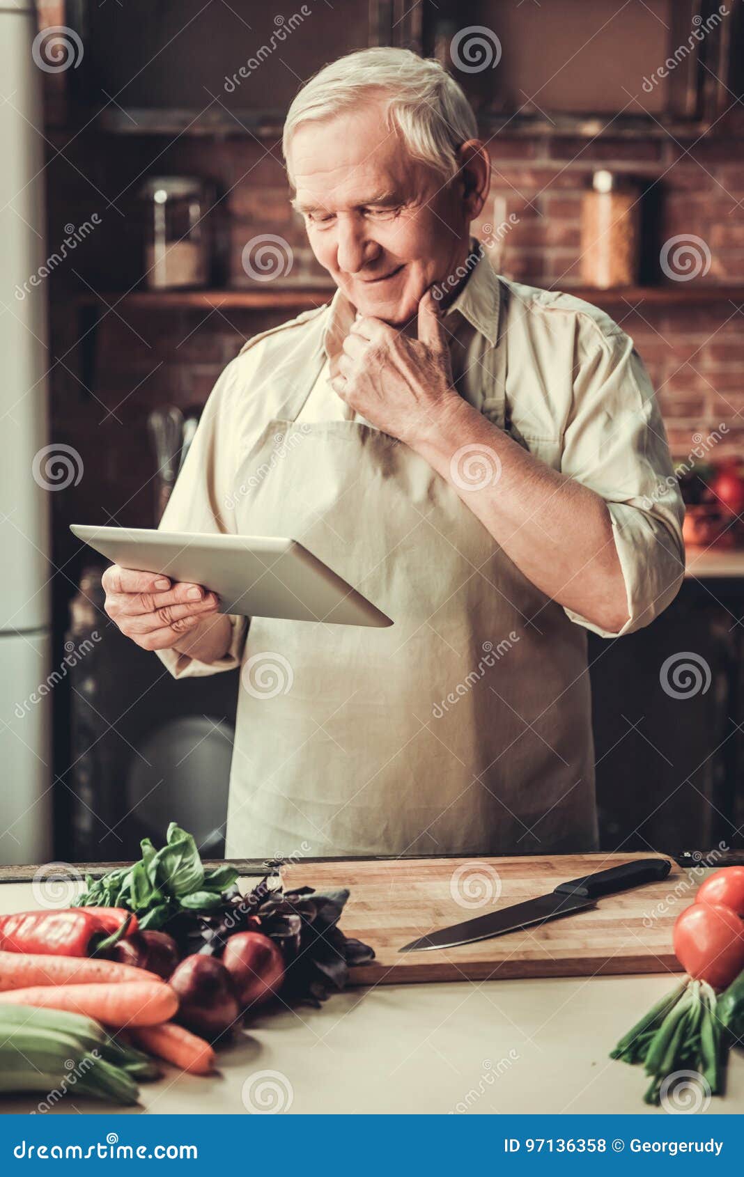 Old man in kitchen stock photo. Image of knife, happy - 97136358