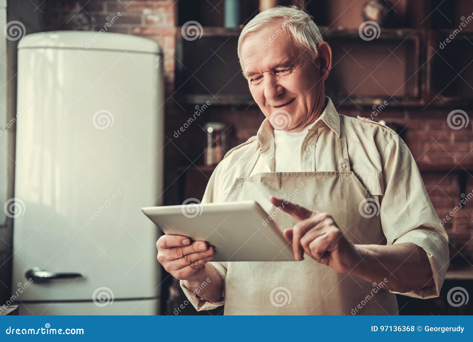 Old man in kitchen stock photo. Image of adult, knife - 97136368