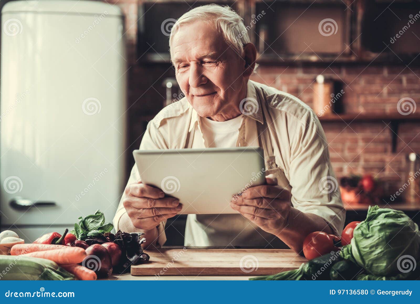 Old man in kitchen stock photo. Image of nutrition, board - 97136580