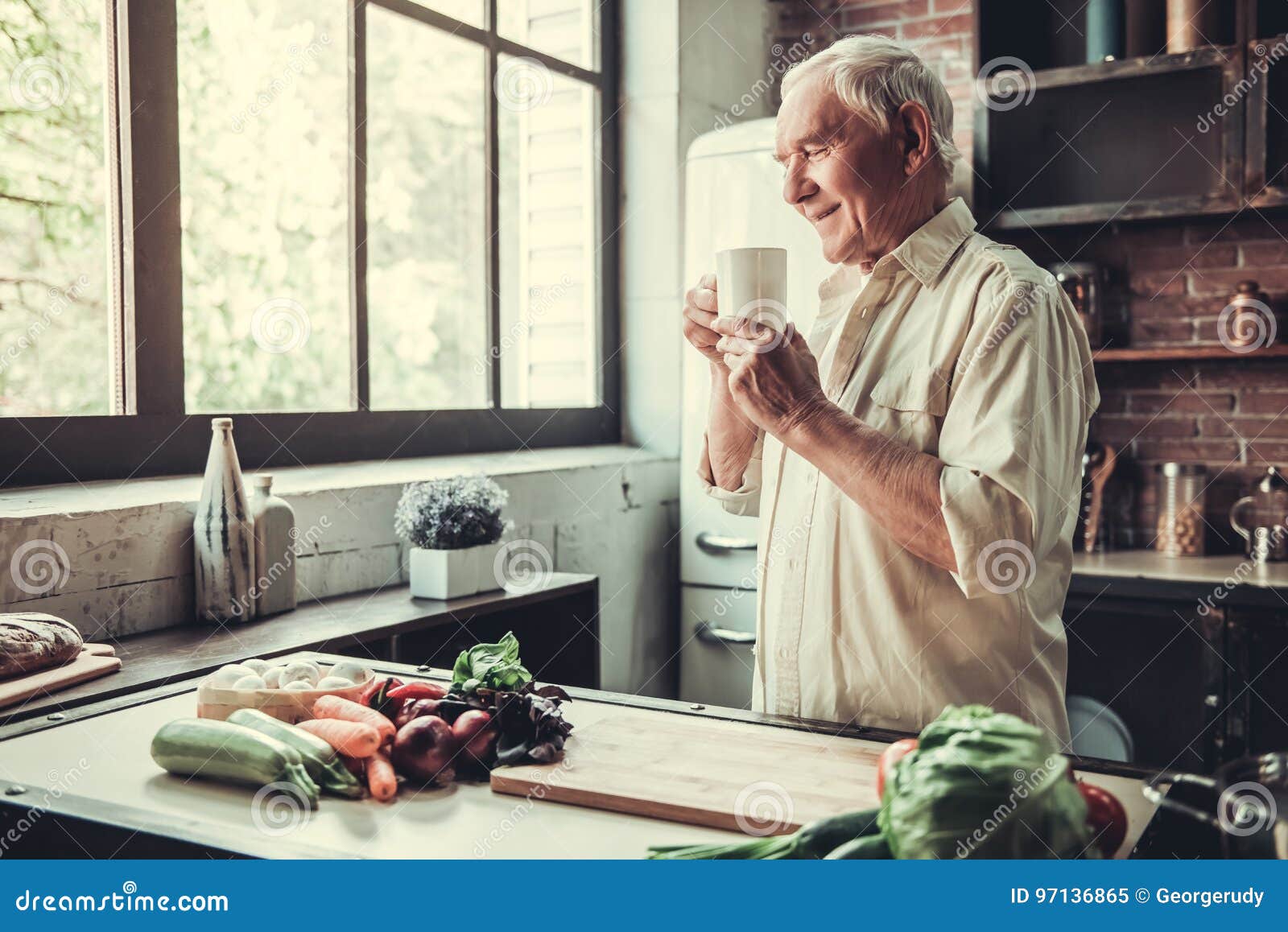 Old man in kitchen stock image. Image of male, caucasian - 97136865