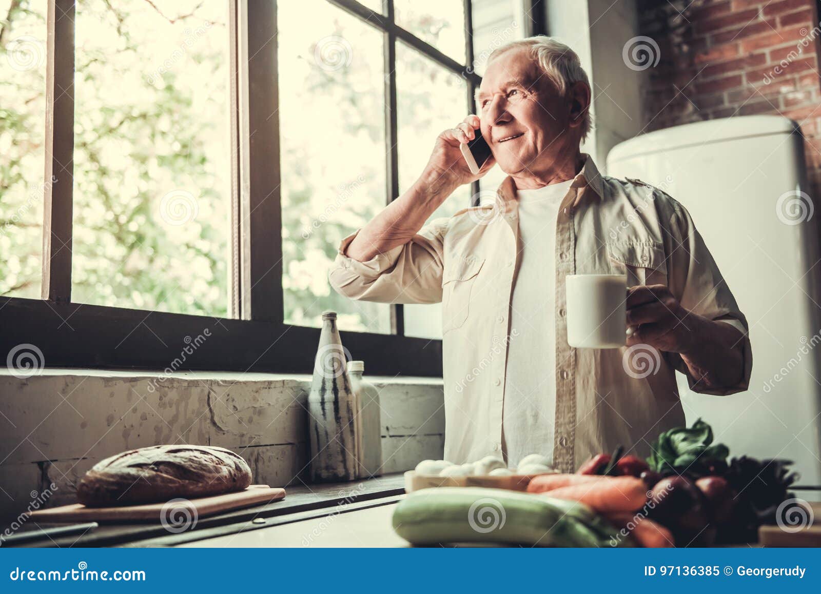 Old man in kitchen stock image. Image of portrait, happy - 97136385
