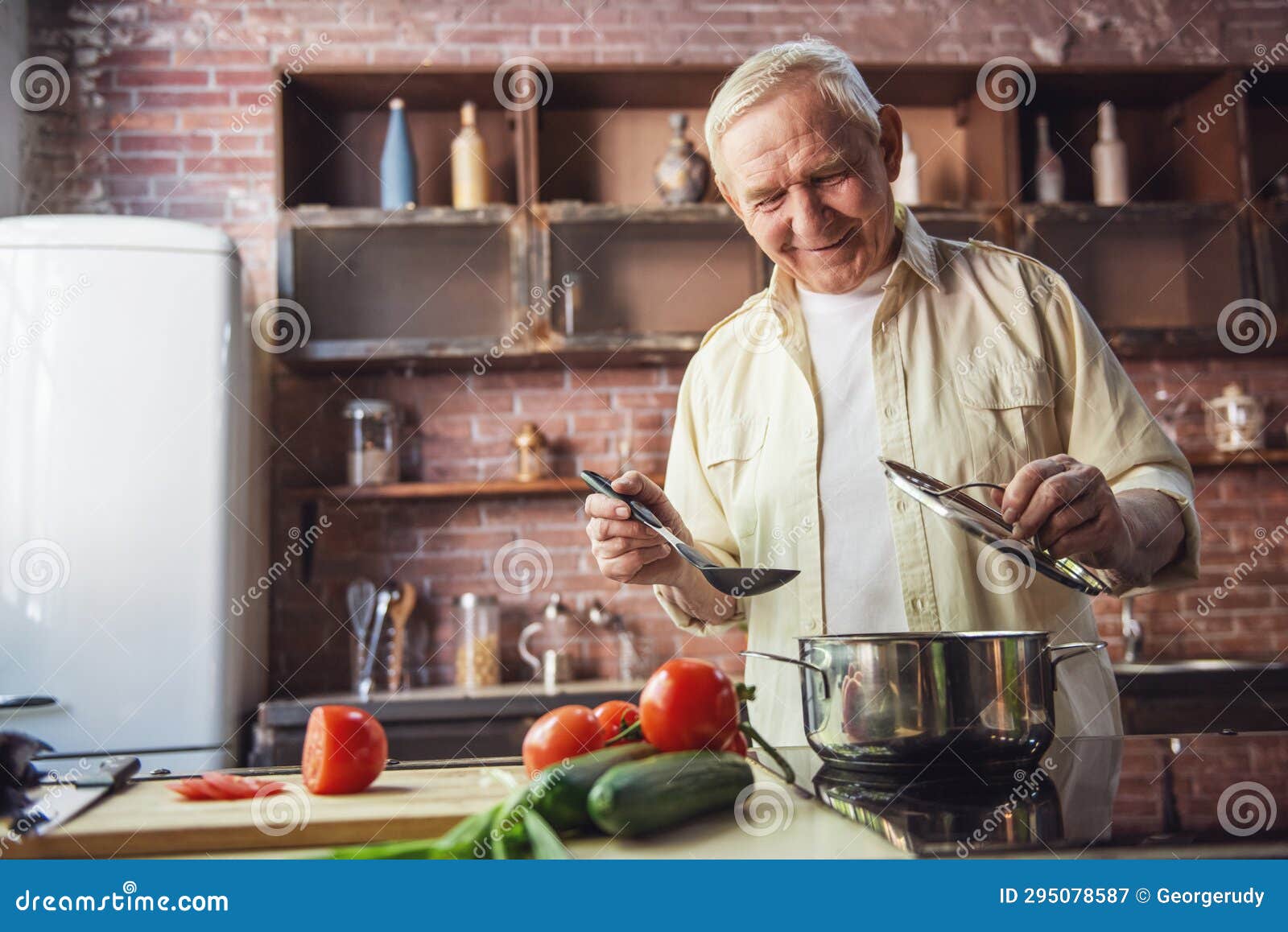 Old man in the kitchen stock image. Image of handsome - 295078587
