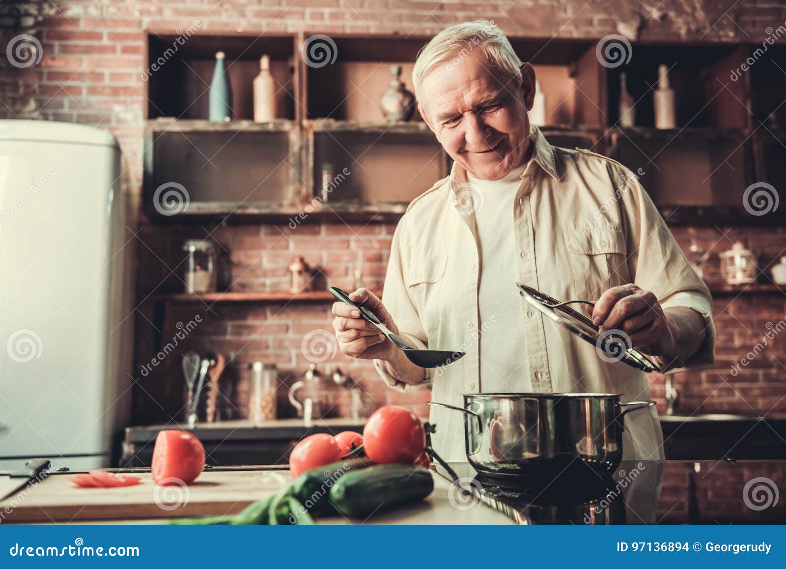 Old man in kitchen stock photo. Image of male, cook, home - 97136894