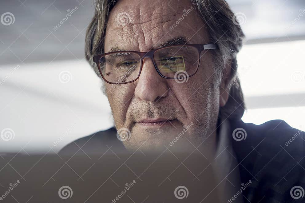 Old Man Looking at Computer Screen Stock Photo - Image of read, hair ...