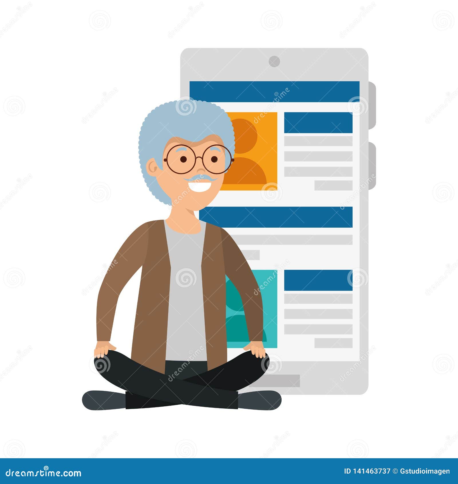 Old Man in Lotus Position with Smartphone Stock Vector - Illustration ...