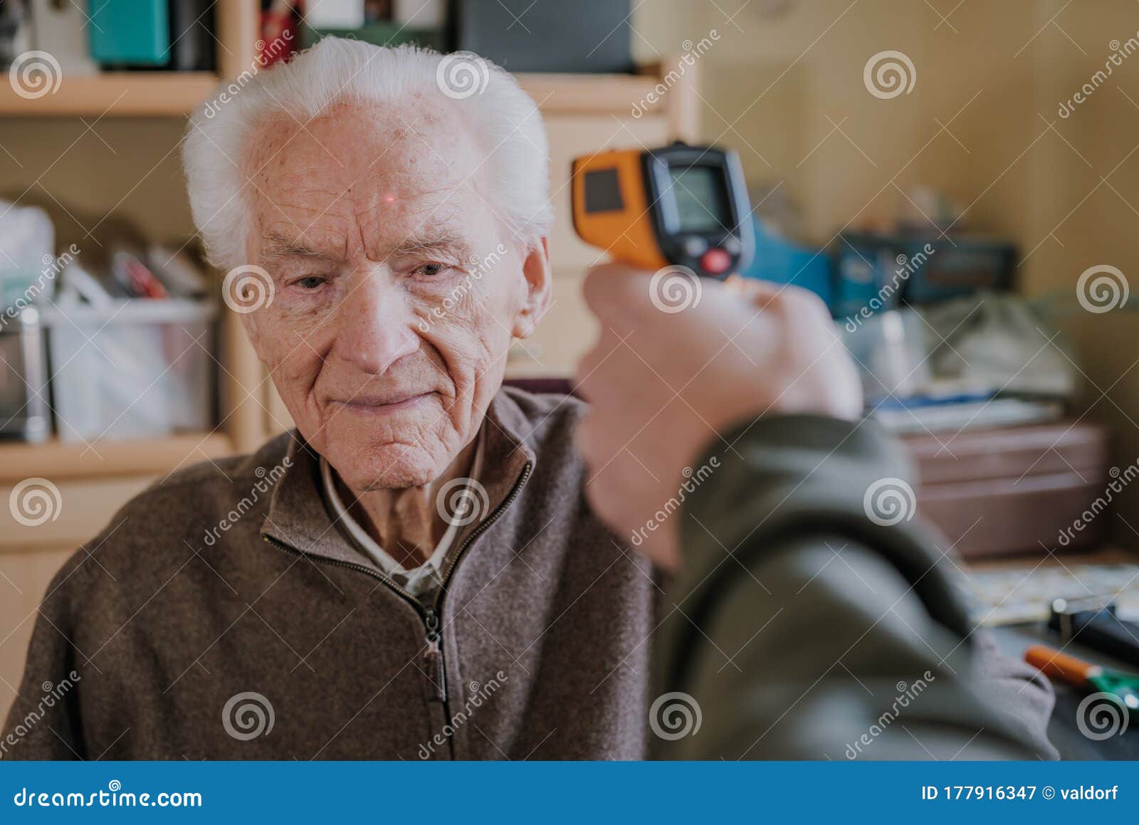 Old Man Measured Temperature with Thermometer Stock Image - Image of ...