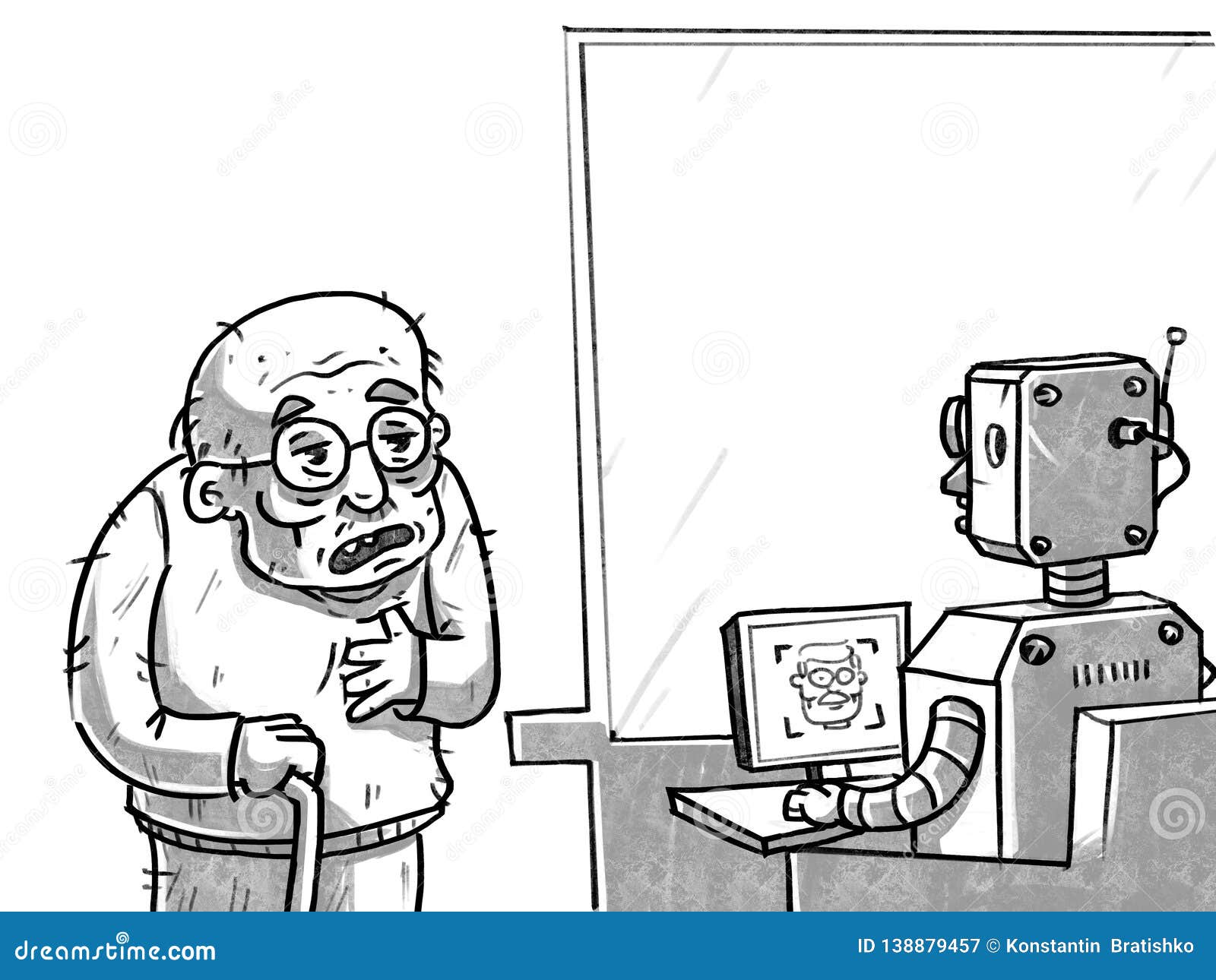 Old man meets robot stock illustration. Illustration of counter - 138879457