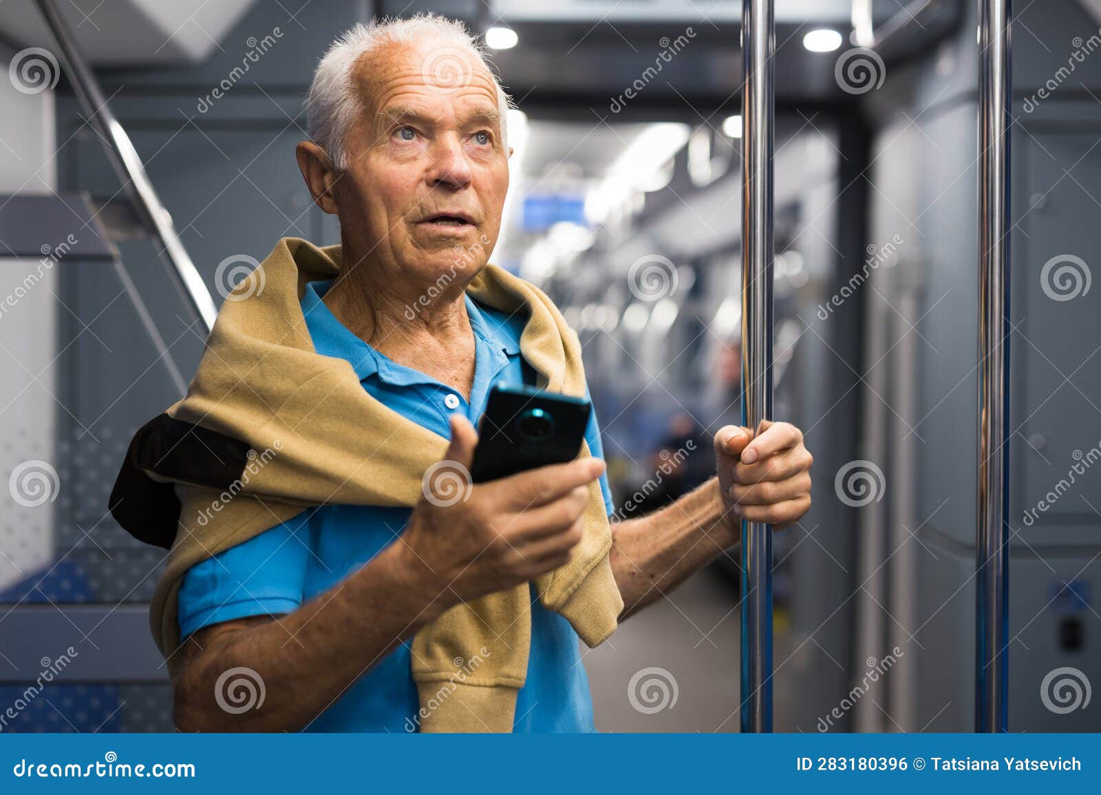 Old Man with Phone in Subway Car Stock Photo - Image of french, station ...
