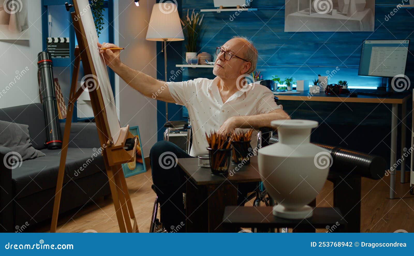 Old Man with Physical Disability Using Artistic Tools To Draw Vase ...