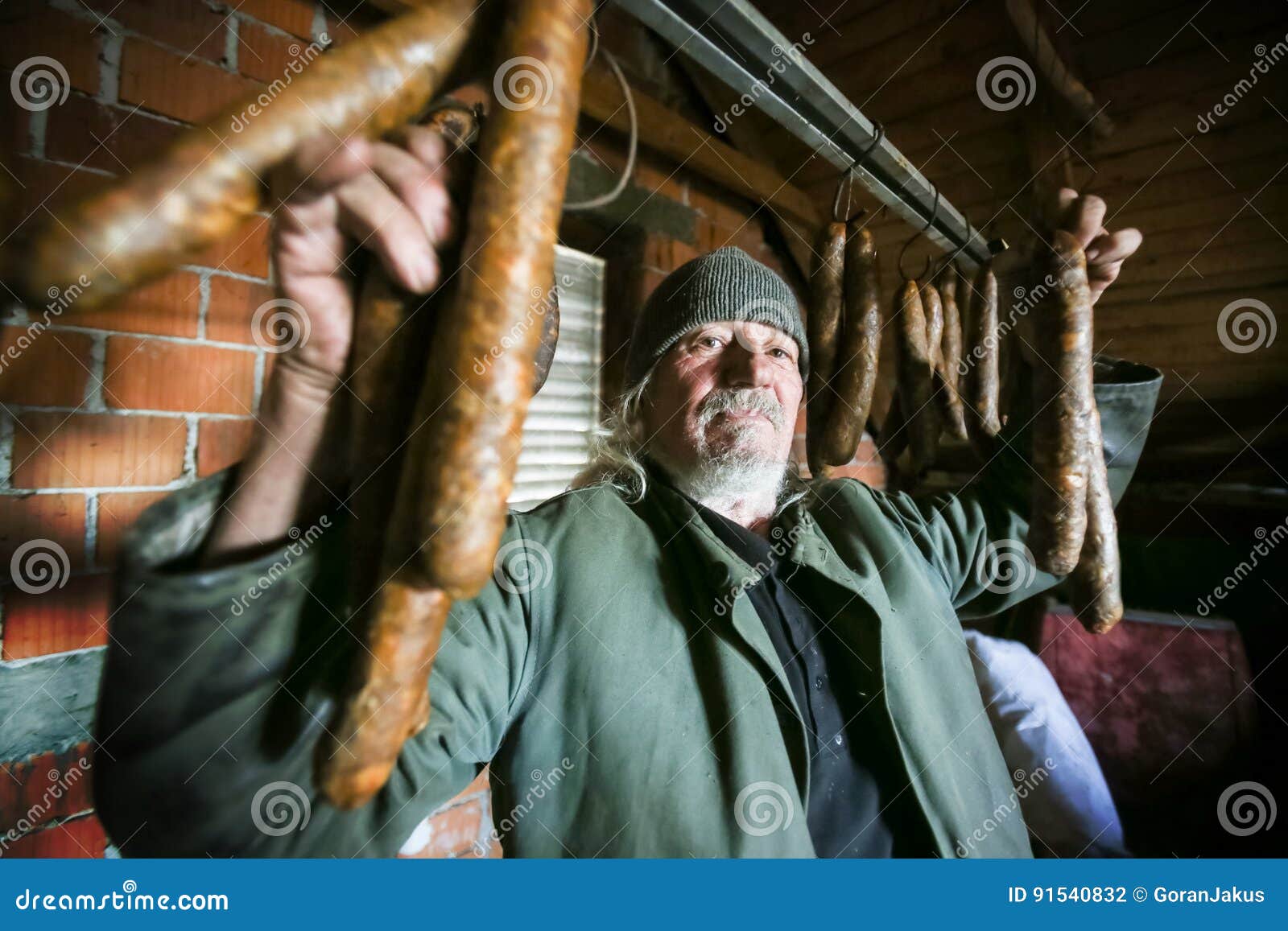 Old Man Posing with Sausages Stock Photo - Image of drying, horizontal ...