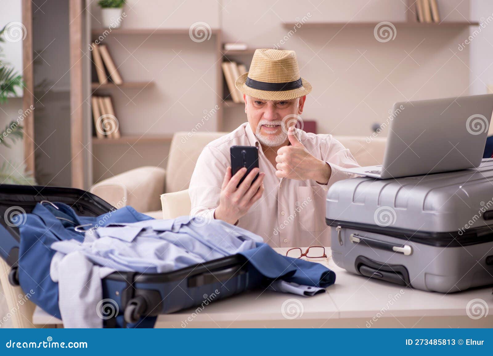 Old Man Preparing for Trip at Home Stock Image - Image of explaining ...