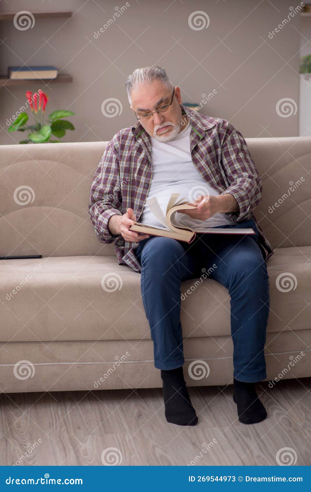 Old Man Reading Book at Home Stock Image - Image of single, distancing ...
