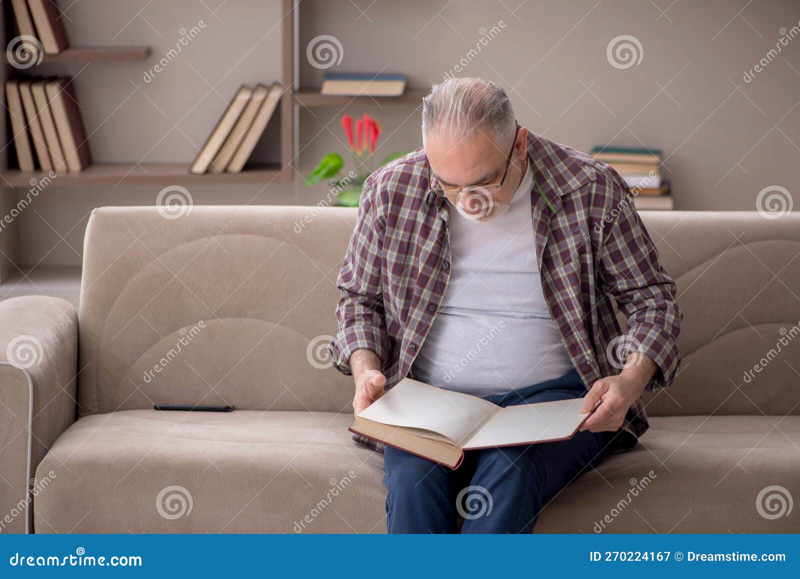 Old Man Reading Book at Home Stock Image - Image of elder, hours: 270224167