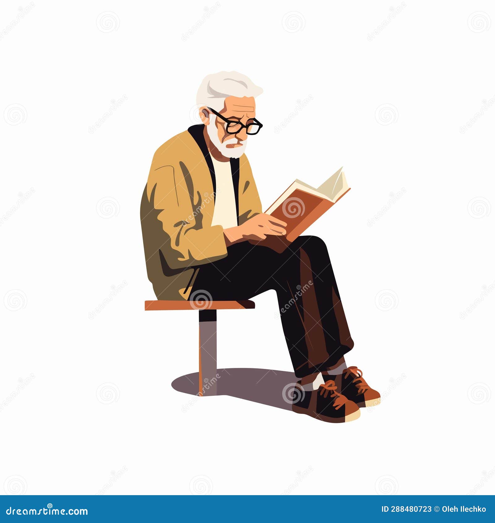 Old Man Reading Book Vector Flat Minimalistic Isolated Illustration